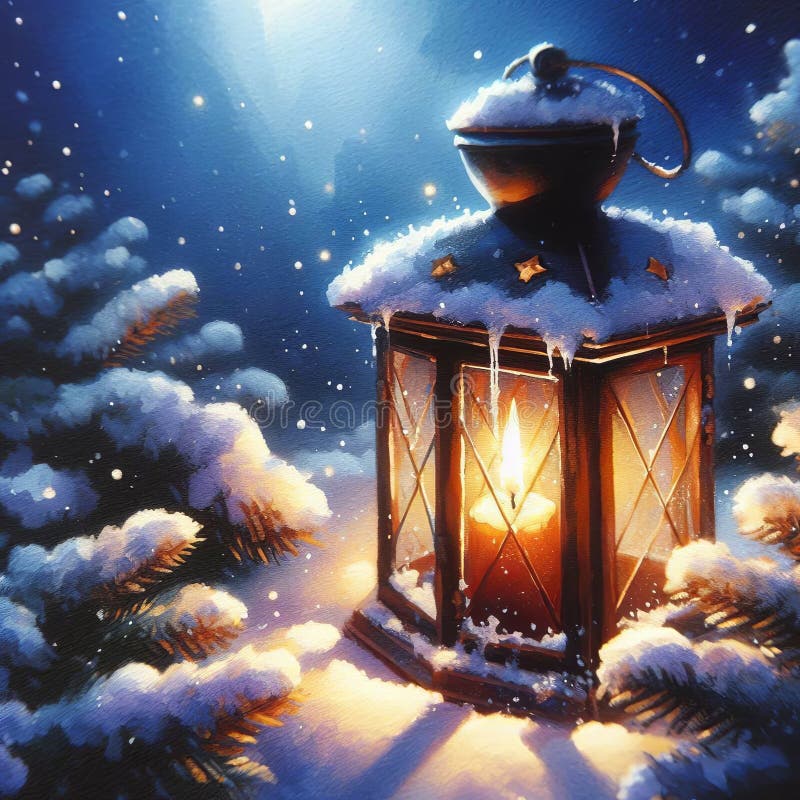 Snow-Covered Lantern and Warm Glow Stock Illustration - Illustration of ...