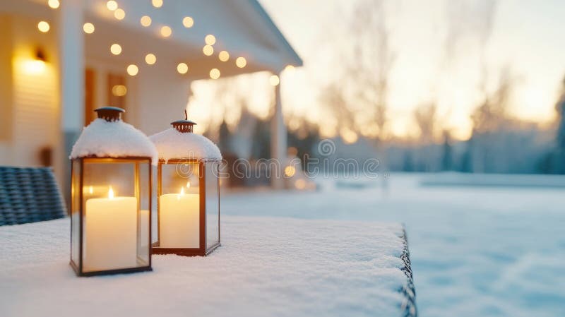 Snow-covered Lanterns Casting a Cozy Winter Glow in Front of a House at ...
