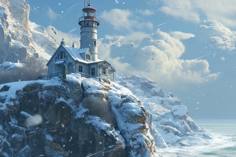 Snow-covered Lighthouse on a Cliff Stock Image - Image of beautiful ...