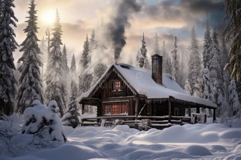 Snow-covered Log Cabin with Smoke from the Chimney Stock Photo - Image ...