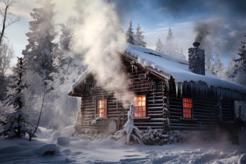 Snow-covered Log Cabin with Smoke from the Chimney Stock Image - Image ...