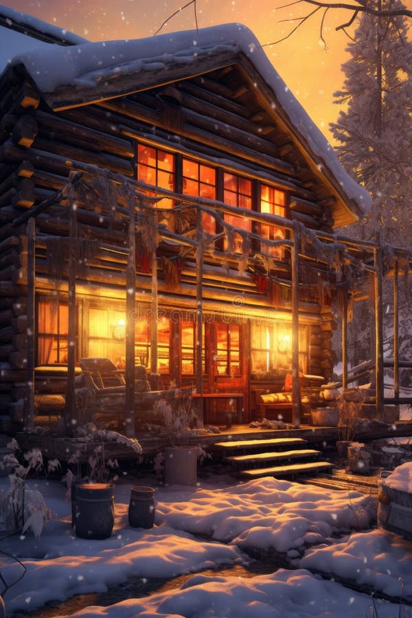 Snow-covered Log Cabin with Warm Glowing Windows Stock Illustration ...