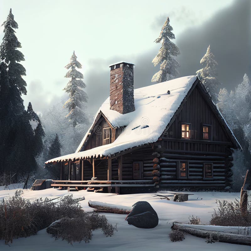 Snow Covered Log Cabin in the Woods. Stock Illustration - Illustration ...