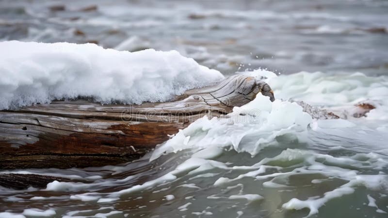 Snow Covered Log Partially Submerged in Icy River Water Stock Footage ...