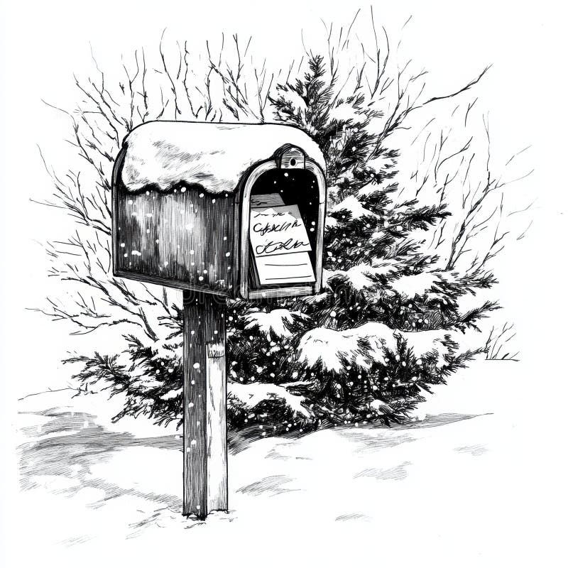 Snow-covered Mailbox with a Pine Tree in Winter Scenery Stock ...