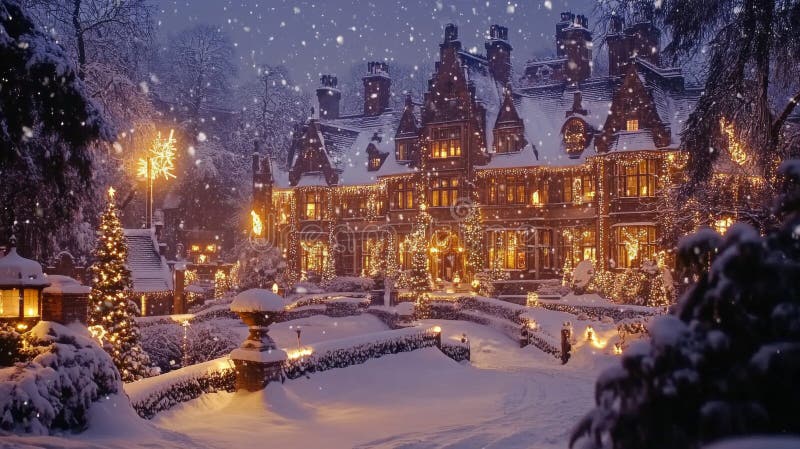 Snow Covered Mansion with Festive Lights at Night Stock Illustration ...