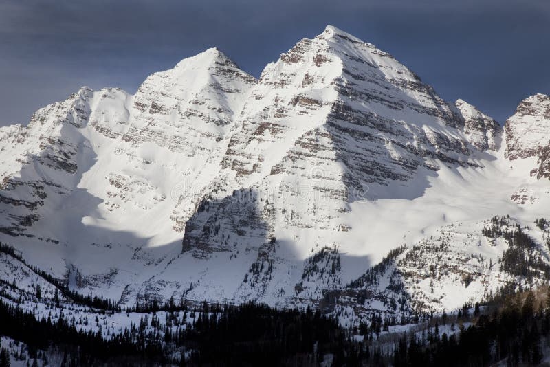 Snow Covered Maroon Bells, Winter, Colorado Stock Photo - Image of ...