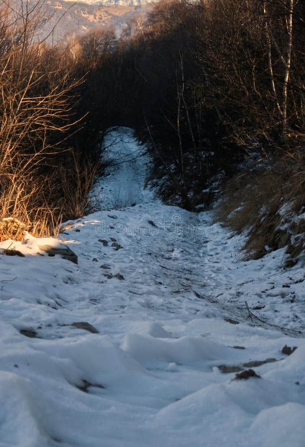 Snowy mountain path stock image. Image of coolness, silent - 348281345