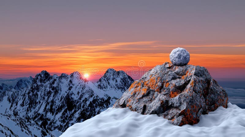 Snowcovered Mountain Peak with a Rock and Snowball Under a Vibrant ...