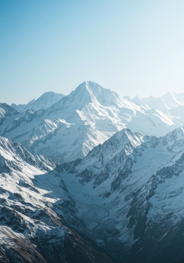 Snow Covered Mountain Peaks Under a Clear Blue Sky Stock Photo - Image of mountains, horizon ...