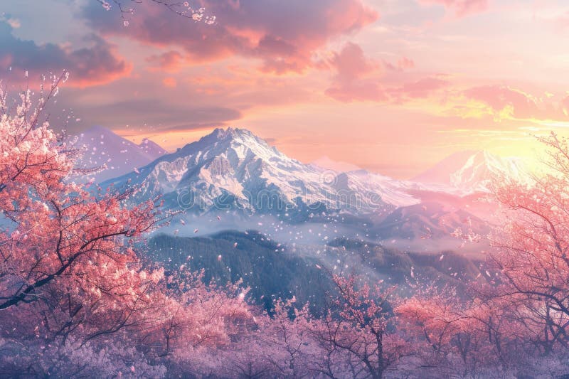 A Snow-covered Mountain with Pink Trees in the Foreground, Perfect for ...