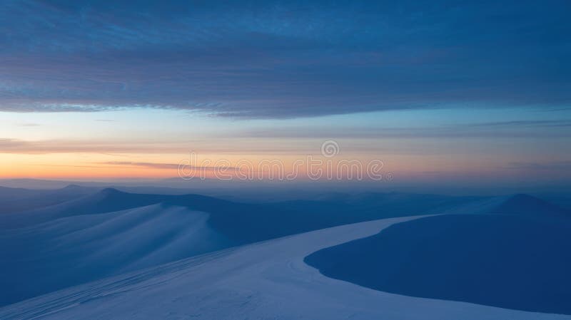 Snow Covered Mountain Range at Sunset Soft Sky Blue and Deep Navy ...