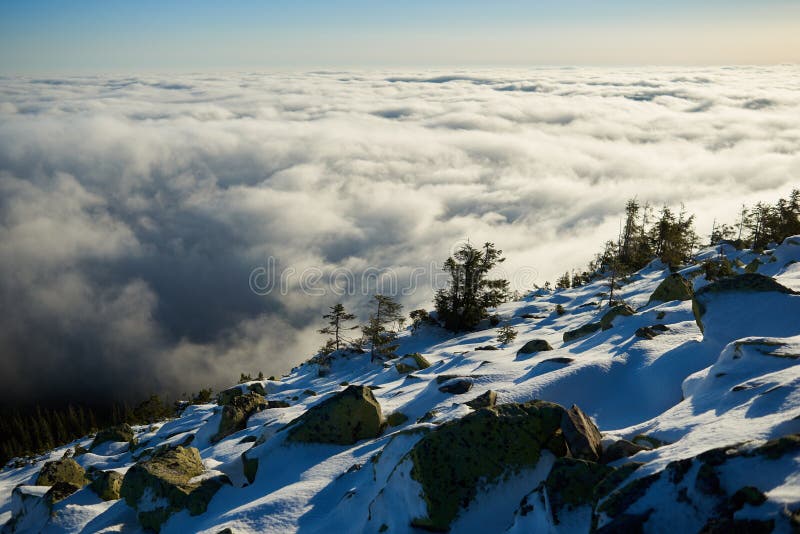 Snow-covered Mountain Slope with Scattered Rocks and Trees. Stock Image ...