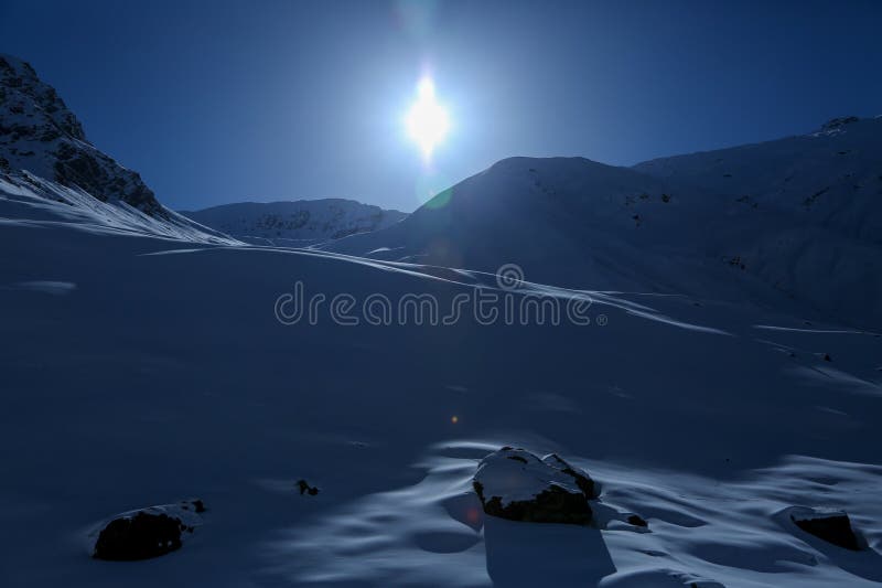 Snow-covered Mountain and Sun Rays in India. Stock Image - Image of ...