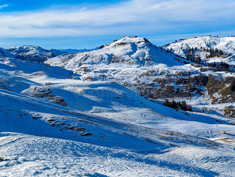 Snow Covered Mountains and Ski Slopes, Ski Area Stoos Stock Photo ...