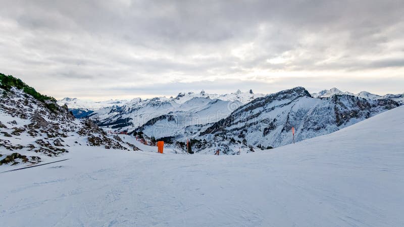 Snow Covered Mountains and Ski Slopes, Ski Area Stoos Stock Image ...