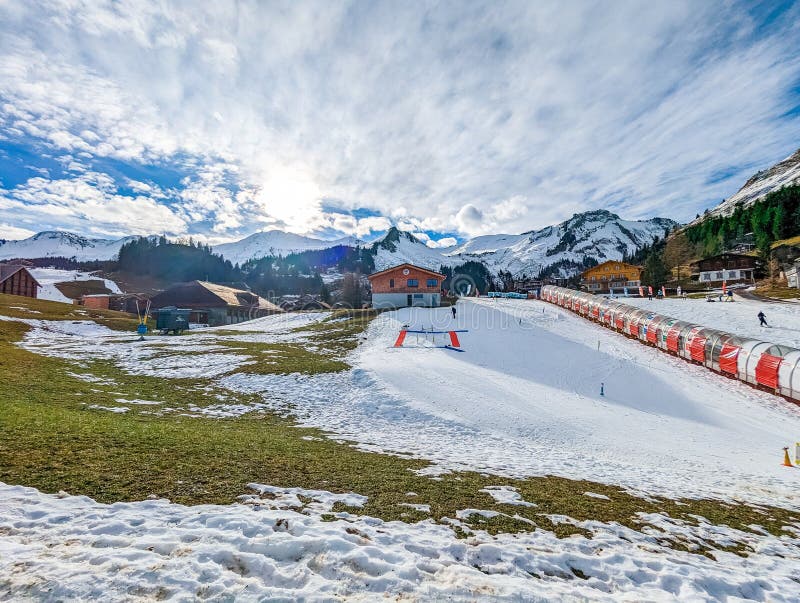 Snow Covered Mountains and Ski Slopes, Ski Area Stoos Stock Image ...