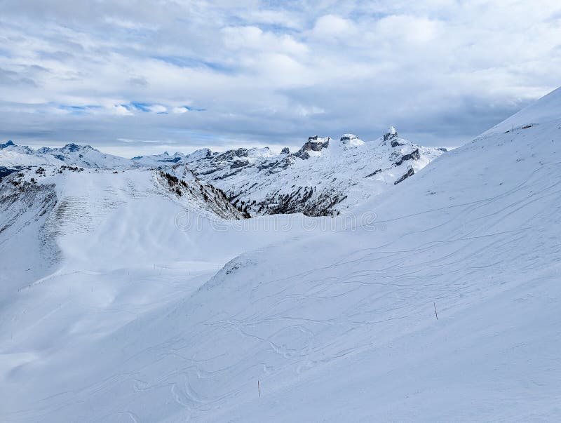 Snow Covered Mountains and Ski Slopes, Ski Area Stoos Stock Image ...
