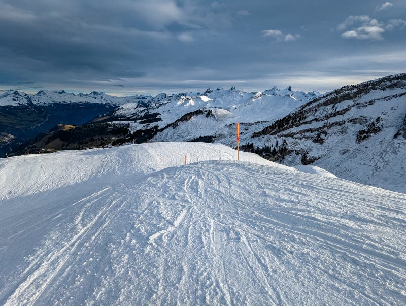 Snow Covered Mountains and Ski Slopes, Ski Area Stoos Stock Photo ...