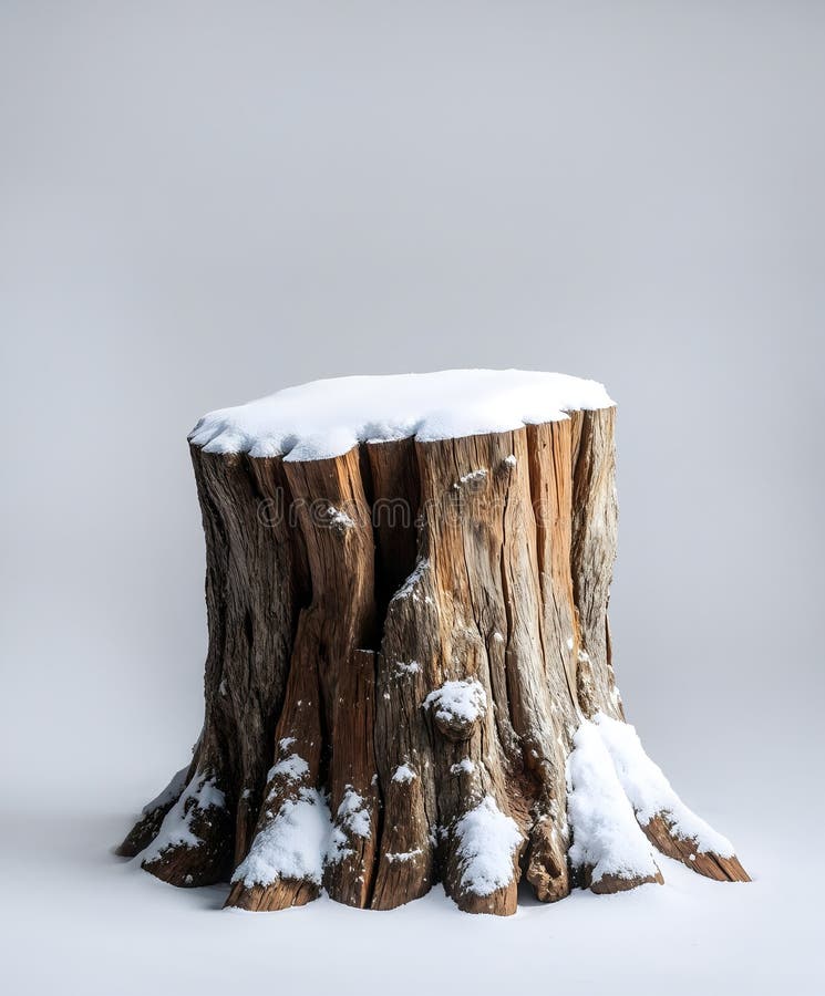 Snow-Covered Old Tree Stump Isolated on Grey Background, Rustic Winter ...