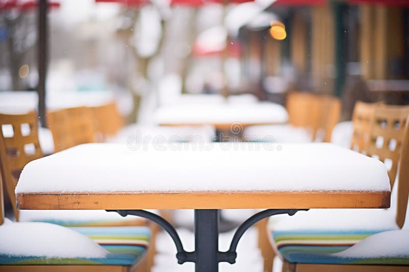 Snow-covered Outdoor Cafe Tables Stock Image - Image of furniture ...