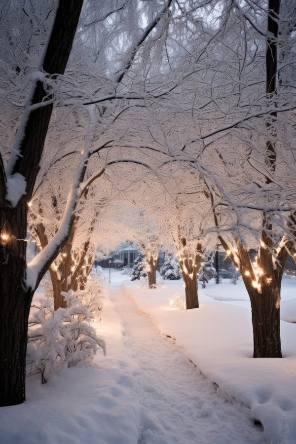 Snow-covered Outdoor Christmas Lights on Trees Stock Illustration ...