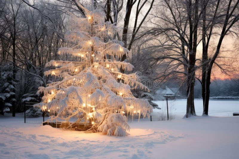 Snow-covered Outdoor Christmas Tree with Twinkling Lights Stock ...