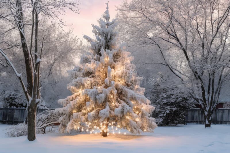 Snow-covered Outdoor Christmas Tree with Twinkling Lights Stock ... Snow-covered Outdoor Christmas Tree with Twinkling Lights Stock ...