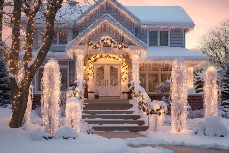 Snow-covered Outdoor Holiday Lights Display Stock Illustration ...