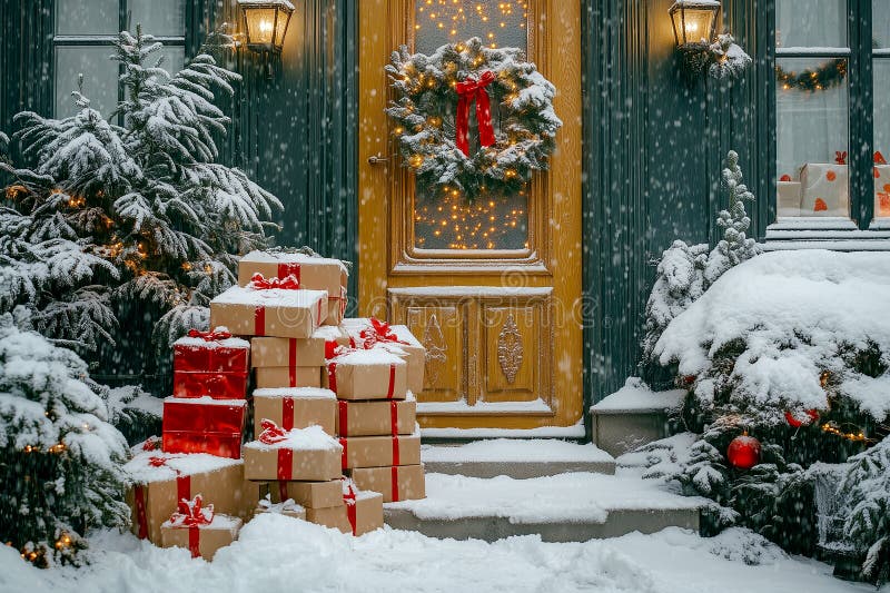 A Snow-covered Outdoor Scene with a Stack of Gift Boxes Stock ...