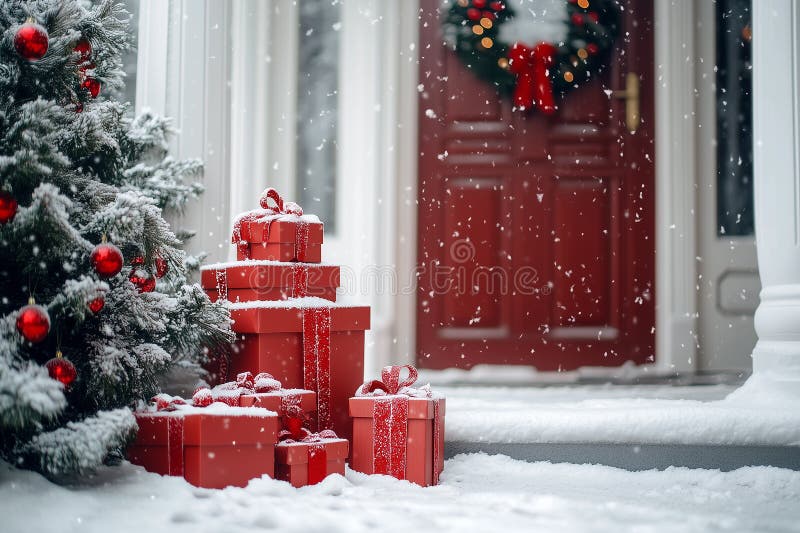 A Snow-covered Outdoor Scene with a Stack of Gift Boxes Stock ...