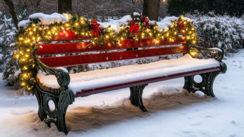 Snow-covered Park Bench Decorated with Holiday Garland and Lights Stock ...