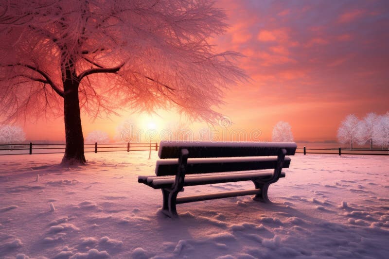 Snow-covered Park Bench Facing the Rising Sun Stock Illustration ...