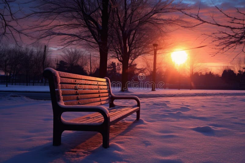 Snow-covered Park Bench Facing the Rising Sun Stock Illustration ...