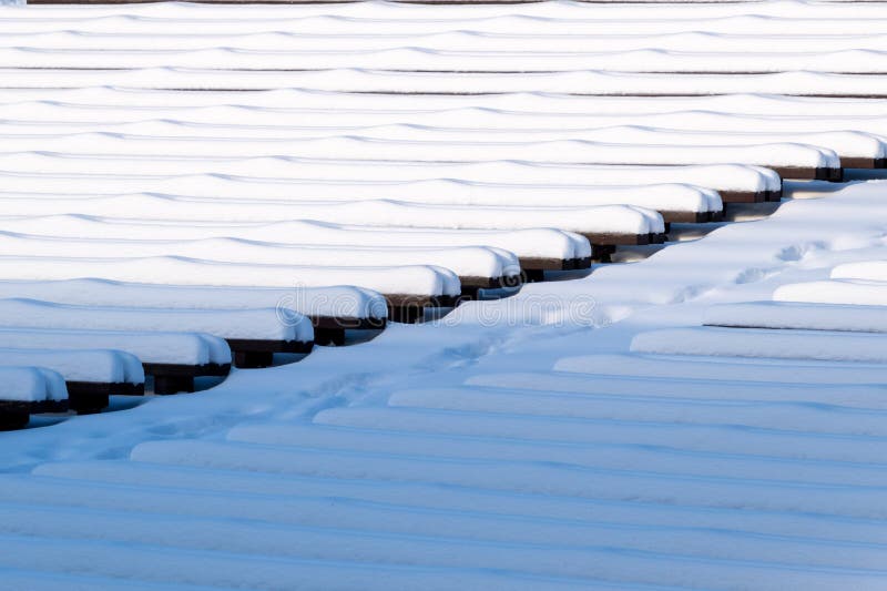 Snow-covered Park Long Benches Form White Lines Stock Photo - Image of ...