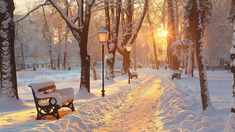 Snow-covered Park Path at Sunset with Benches and Lampposts in Winter ...
