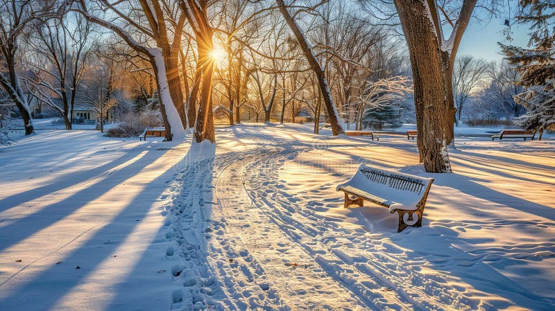 Snow-covered Park Path at Sunset with Benches and Long Shadows Stock ...