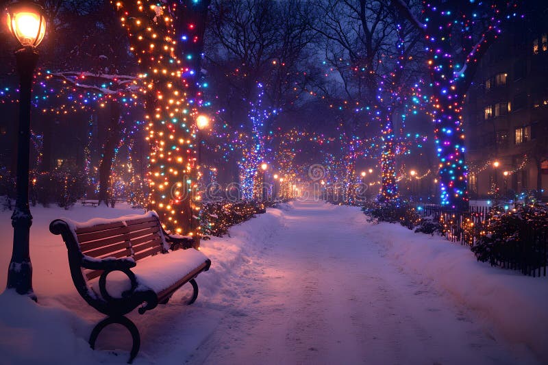 A Snow-covered Park with Trees Wrapped in Twinkling Multicolored ...