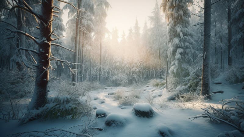 A Snow Covered Path through a Forest with Trees and Snow Stock ...