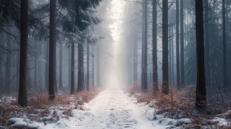 Snow-covered Path Leading through a Misty Forest with Tall Trees ...