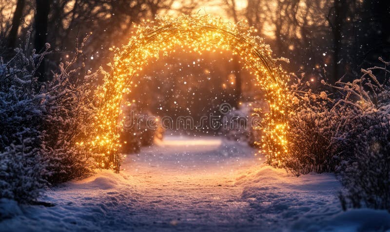 A Snow Covered Path with a Lighted Archway Stock Photo - Image of ...