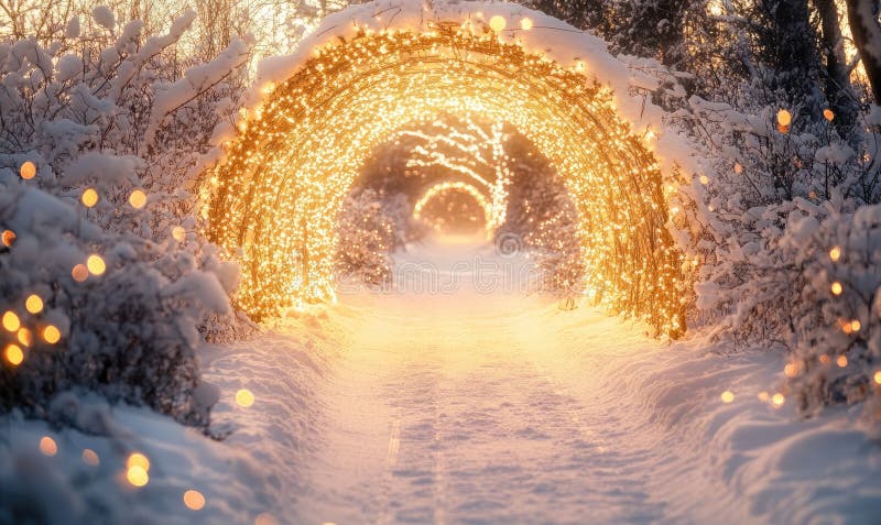 A Snow Covered Path with Lights on it Stock Photo - Image of scenery, night: 350135896