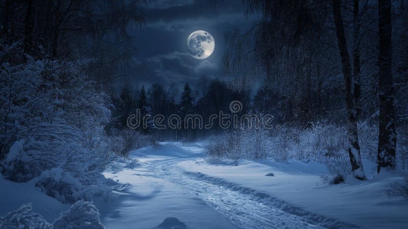 A Snow-Covered Path through a Moonlit Forest Stock Illustration ...