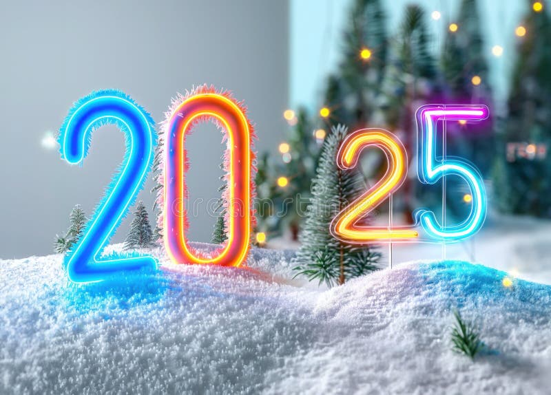 A Snow-covered Path with "New Year 2025" Illuminated Along the Side ...