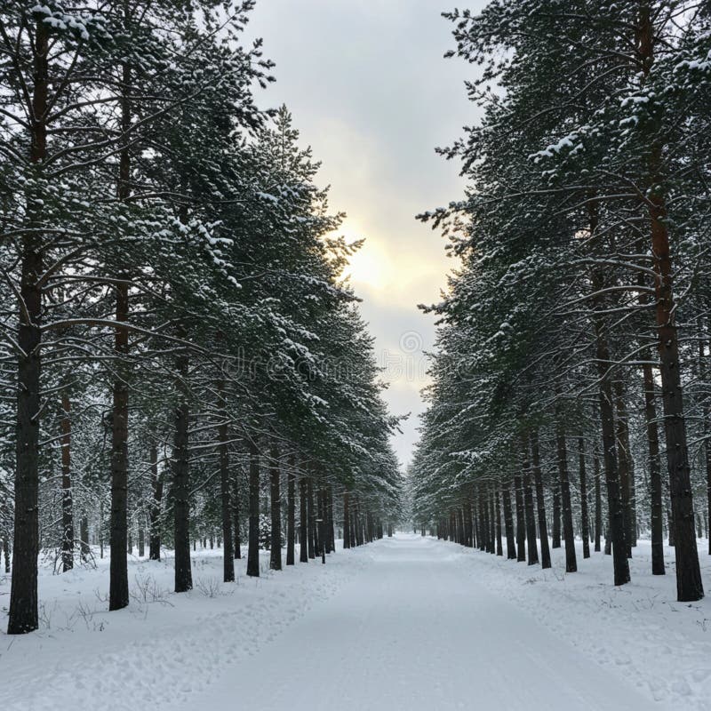 A Snow-covered Path Runs through a Dense Forest of Tall Pine Trees in ...
