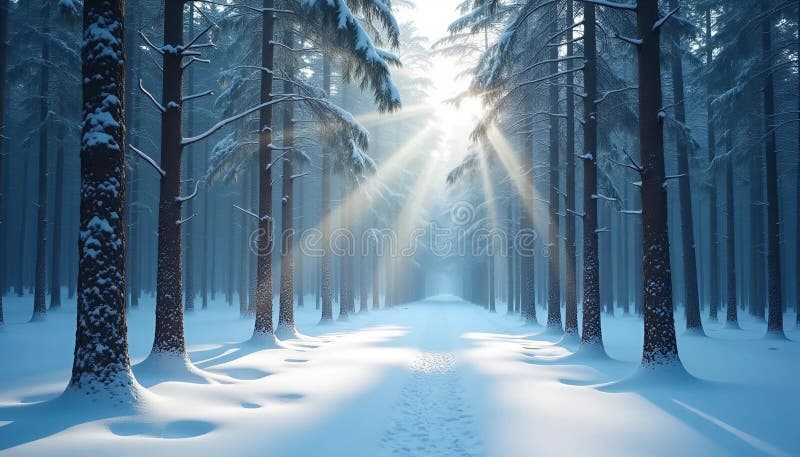A Snow-covered Path with Soft Footsteps Leading through a Serene Winter ...