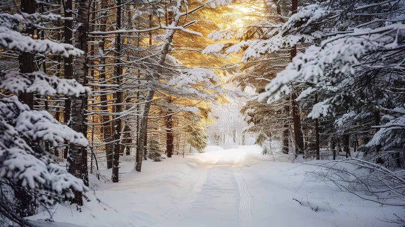 Snow-covered Path through a Tranquil Forest at Sunset in Winter Stock ...