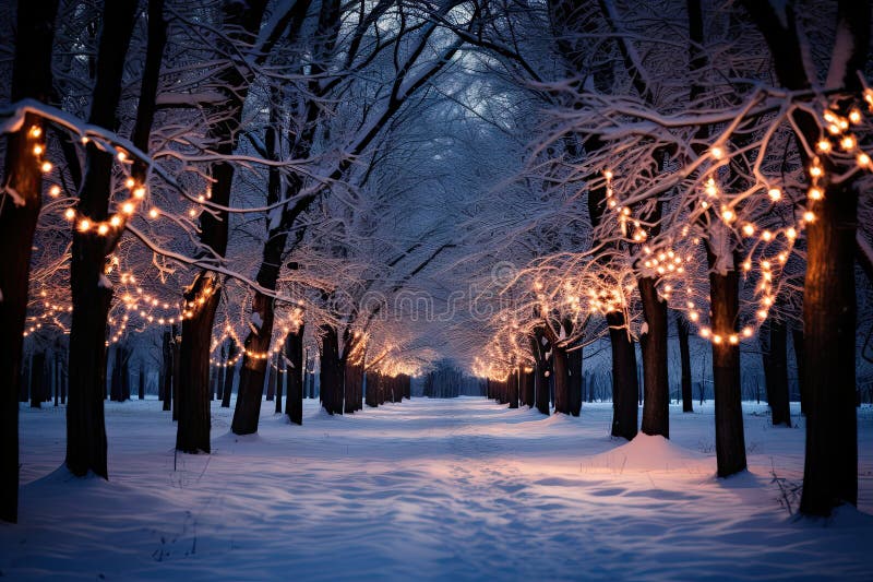 A Snow Covered Path through Trees with Christmas Lights Stock Image ...