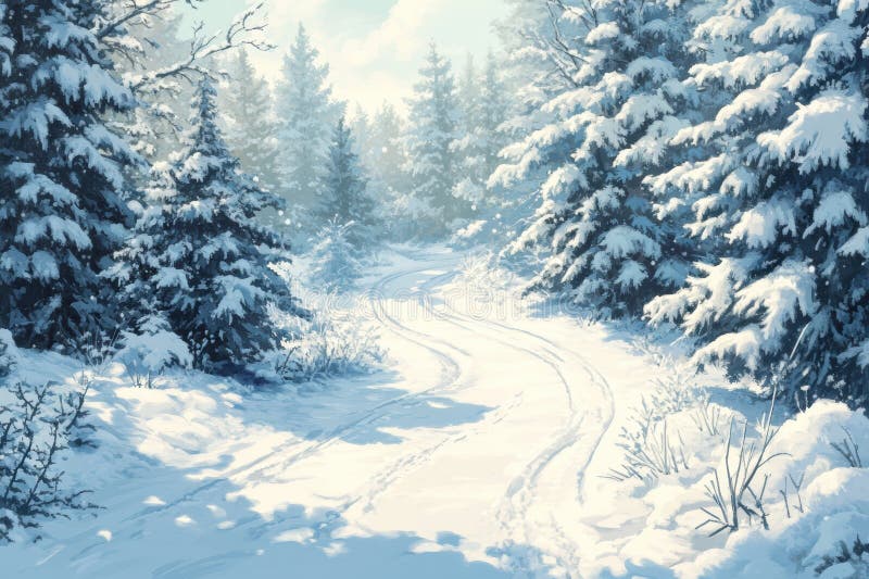 Snow-covered Path Winding through a Tranquil Forest Filled with Trees ...