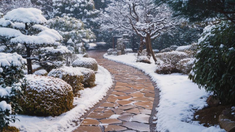 Snow-Covered Path Winding through a Wintery Garden Stock Illustration ...
